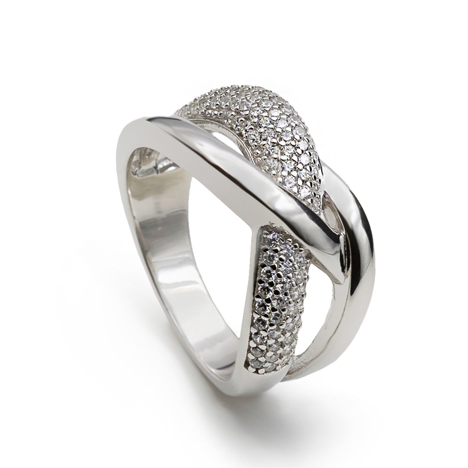 SILVER RING WITH ZIRCONIAS INTERLACED DESIGN - Lineargent